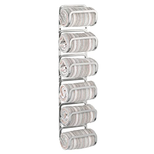 mDesign Wall Mount Towel Storage Rack for Bathroom - 6-Tier Hanging Organizer - Mounted Shelf for Multiple Bath Towels or Rolled Robes - Wine Bottle Holder - Steel Metal - Carson Collection - Chrome