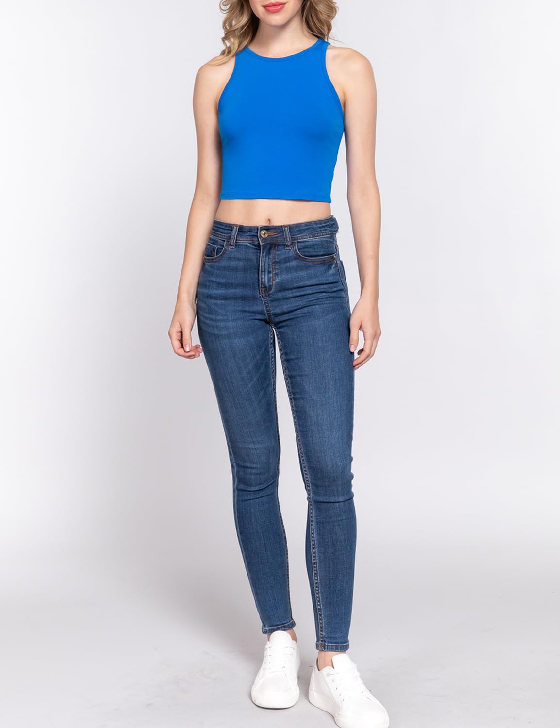 Camisole Crop Tank Top Sexy High Crew Boat Neck Slim Classic Knit Fit Black M