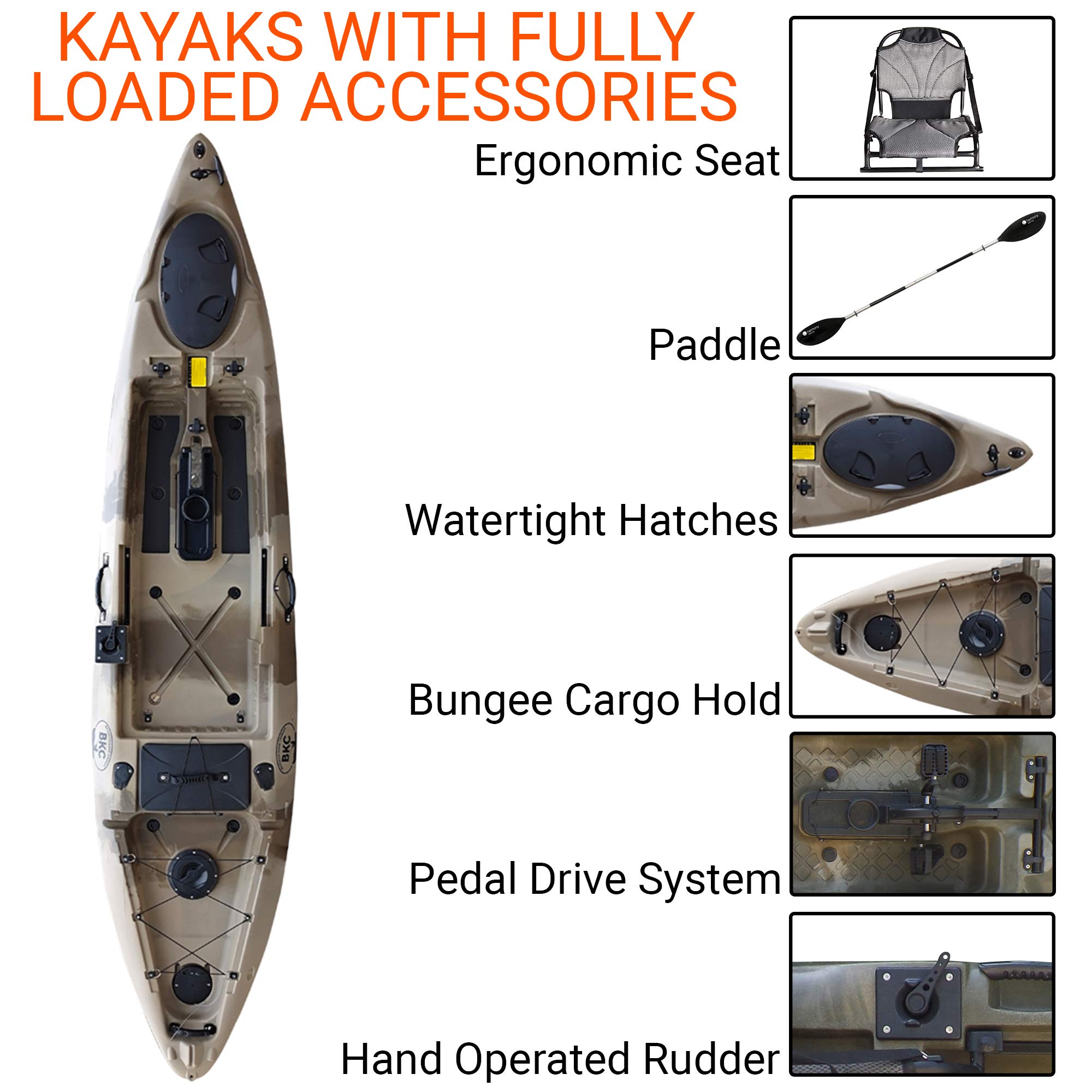 BKC PK12 Angler 12' Solo Sit-On-Top Fishing Kayak, Propeller-Drive w/Instant Reverse Pedal Drive, Rudder System, Paddle, and Upright Aluminum Frame Backrest Support Seat