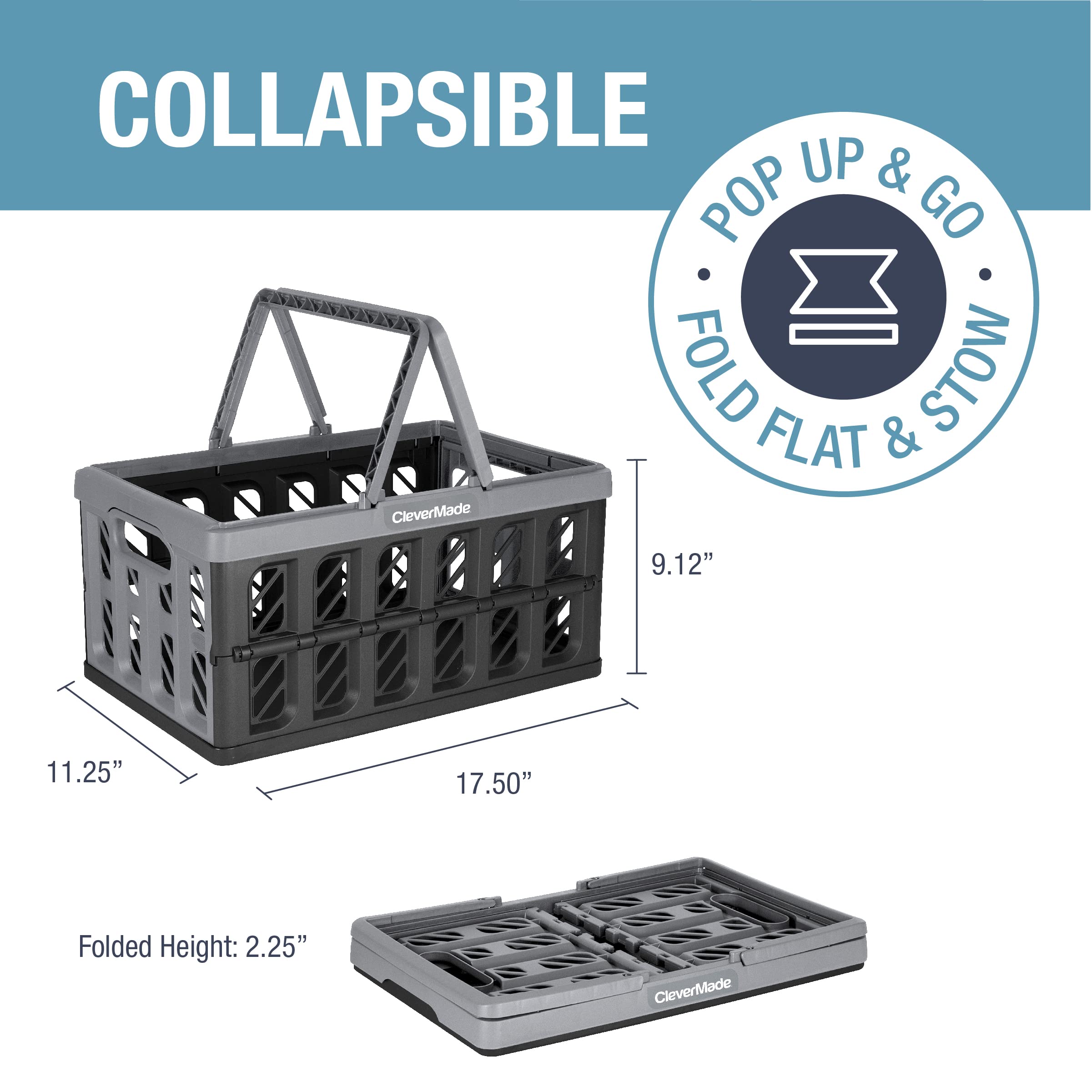 CleverMade Eco 24L Collapsible Reusable Plastic Grocery Shopping Baskets & Collapsible Milk Crates, 25L Plastic Stackable Storage Bins CleverCrates Utility Folding Baskets, Pack of 3, Black