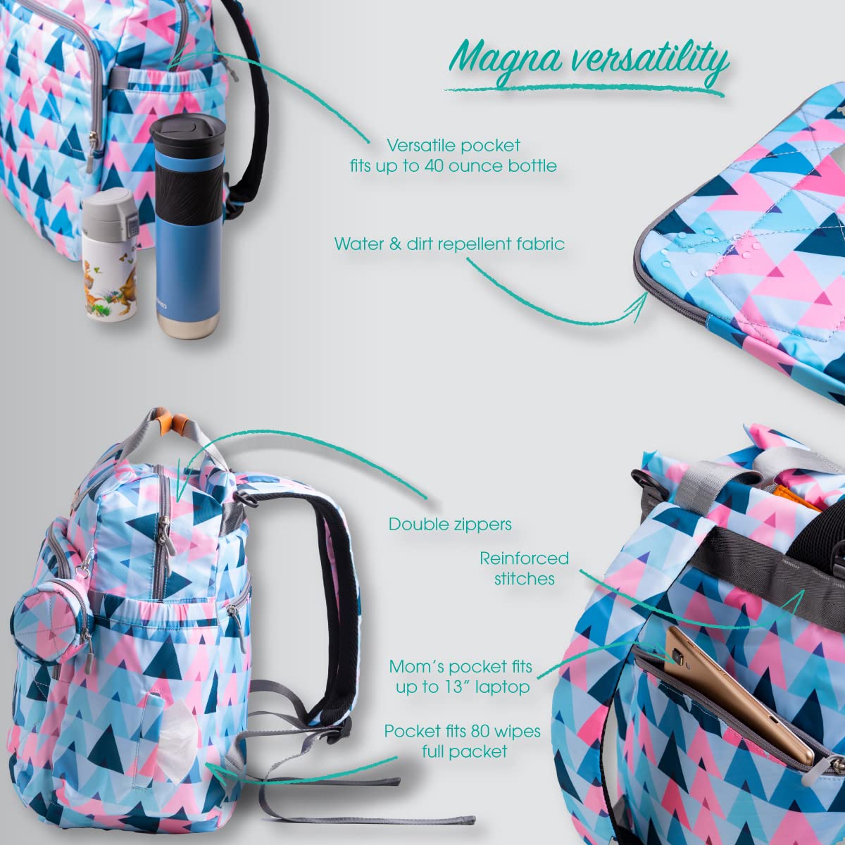 Clamera Diaper Bag Backpack β 5-in-1 Magna Travel Back Pack β Extra Large Diaper Bag with Changing Pad, Diaper Pouch, Pacifier Pouch & Stroller Hangers