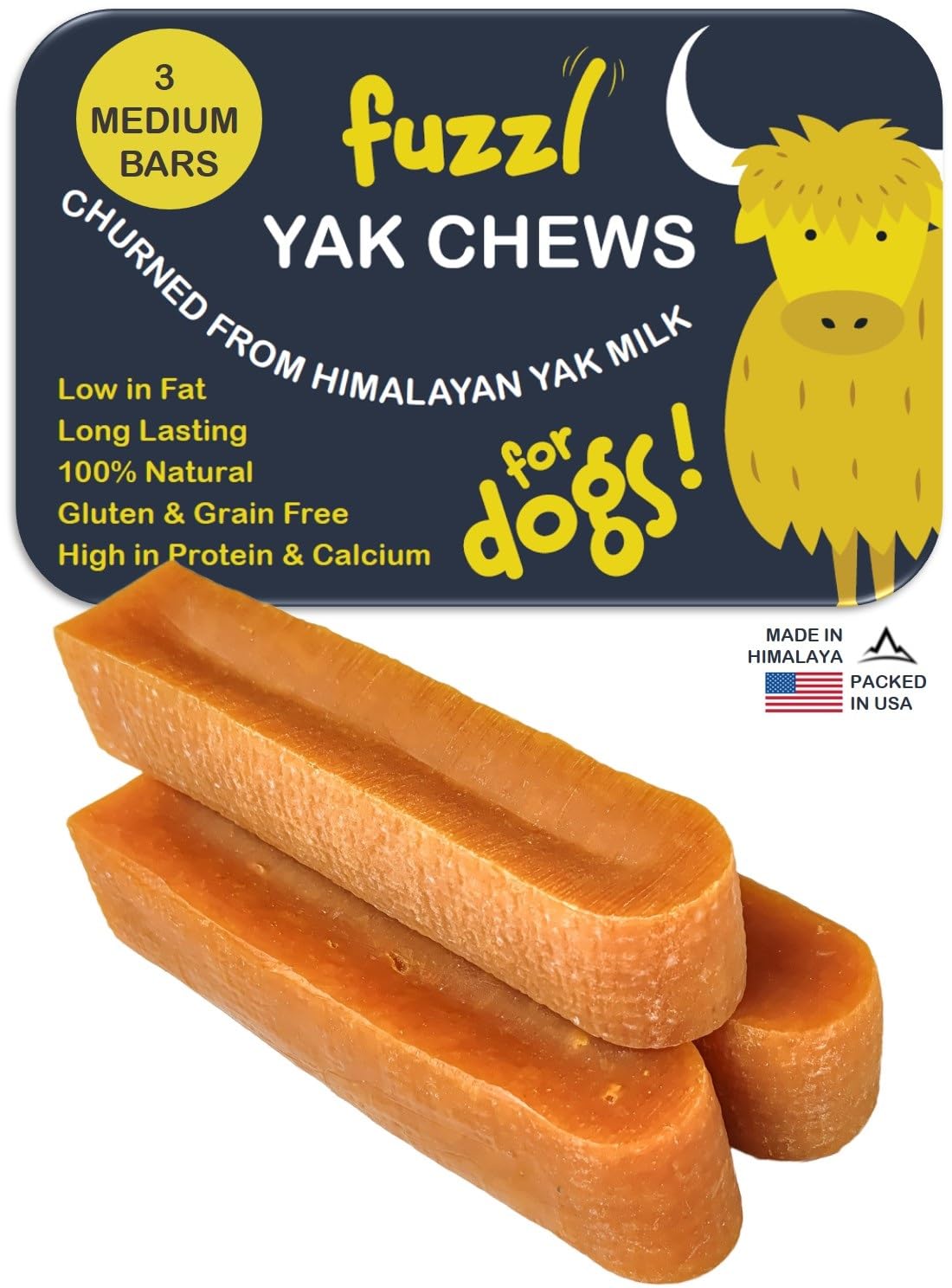 Fuzzl Premium Yak Cheese Himalayan Dog Chews - 3 Bars Medium Natural Dog Treats Milkbone Yak Chews No Hide Dog Food Long Lasting Dog Dental Sticks Milk Chews Cheese Stick