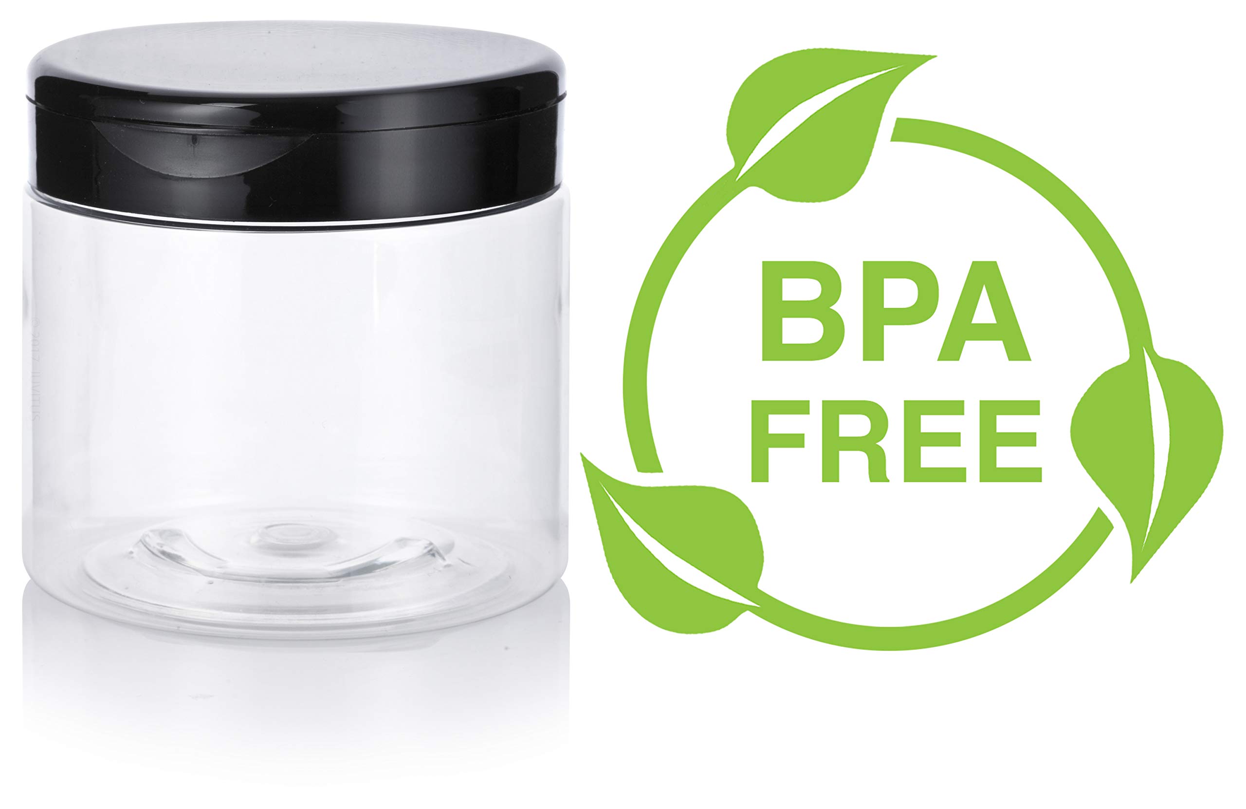 JUVITUS Clear Large 16 oz PET Plastic (BPA Free) Refillable Jar with Black Flip Top Cap - (6 pack)