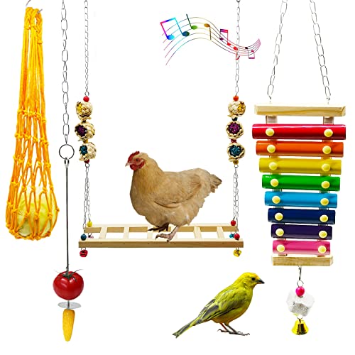 PINVNBY Chicken Toys Set Hens Xylophone Toy with 8 Metal Keys Chook Suspensible Wooden Swing Ladder Chick Veggies Skewer Fruit Holder Hanging Feeder for Chicken Coop Accessories Supplies (Suit 2)