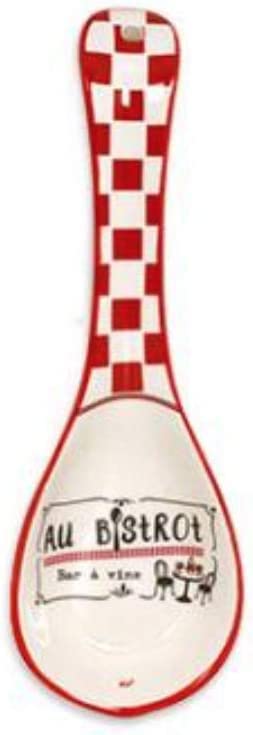 Ceramic Spoon Rest with White/Red French Bistro Design - 9.25"