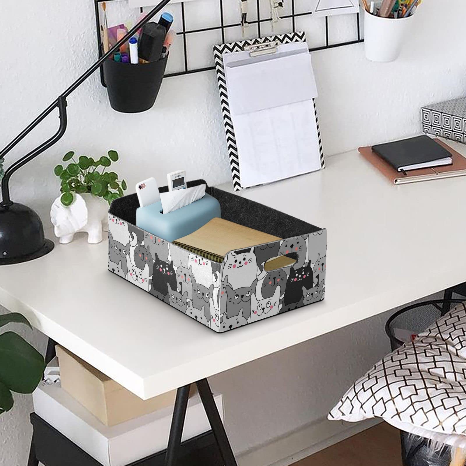 CaTaKu Foldable Storage Basket Black and White Сats Collapsible Felt Storage Bins with Handle Drawer Organizer Bin Cube Shelf Box for Organizing Closet Clothes Office Books Bedroom