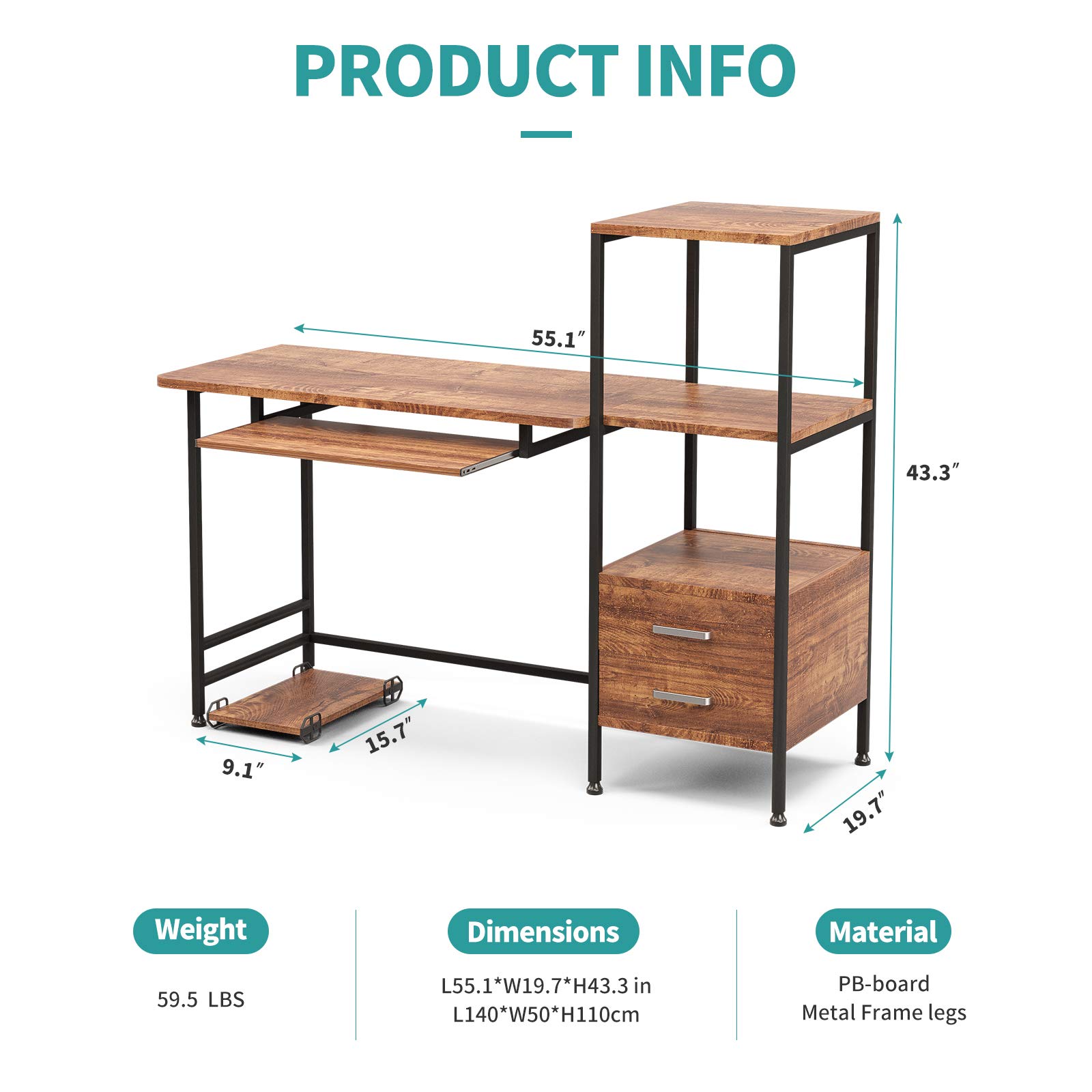 Computer Desk, 55.1"x19.7"x43.3", Walnut Brown