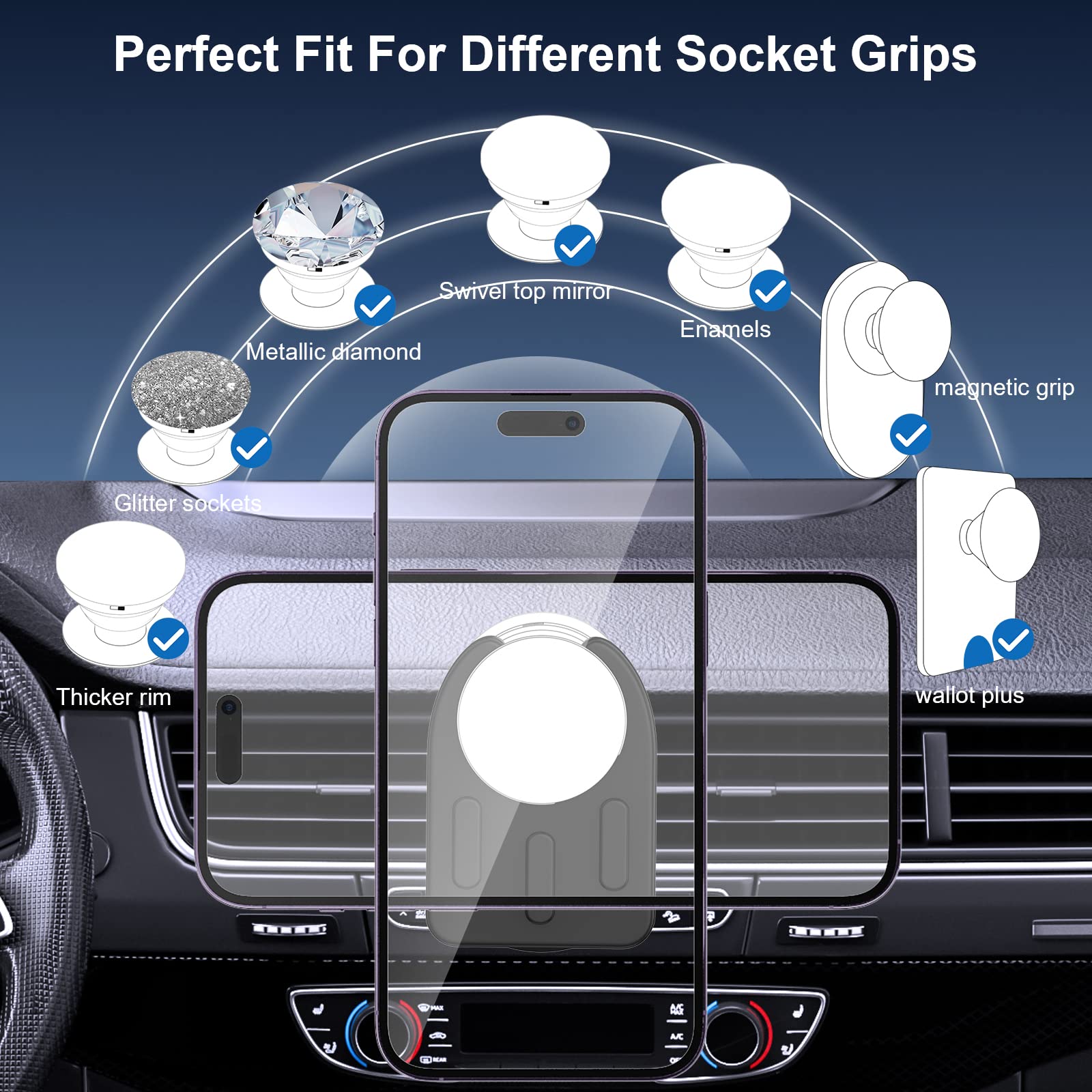 Car Phone Holder for Collapsible Grip/Socket Mount,3 in 1 Air Vent Car Mount,Dashboard Sticker Holder,Suction Cup Phone Holder,Socket Grip for Fits All Smartphone,Used On Car, Home,Office