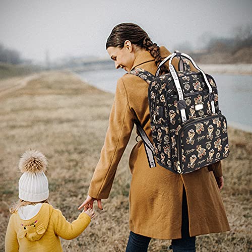 pipi bear Diaper Bag Backpack, Jacquard Diaper Backpack with Changing Pad and USB Charging Port, Stylish Baby Bag for Mom Dad, Black