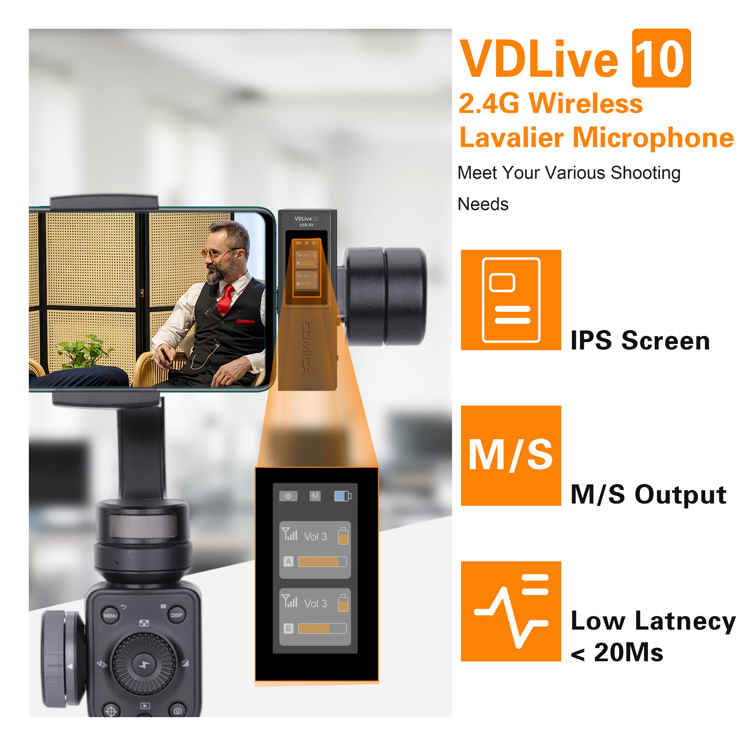 comica Wireless Lavalier Microphone for Android with Charging Case, VDLIVE10 2.4G Dual Wireless Lapel Microphone System for USB C Smartphones, iPad, Laptop, Interview, YouTube, Podcast, Live (Black)