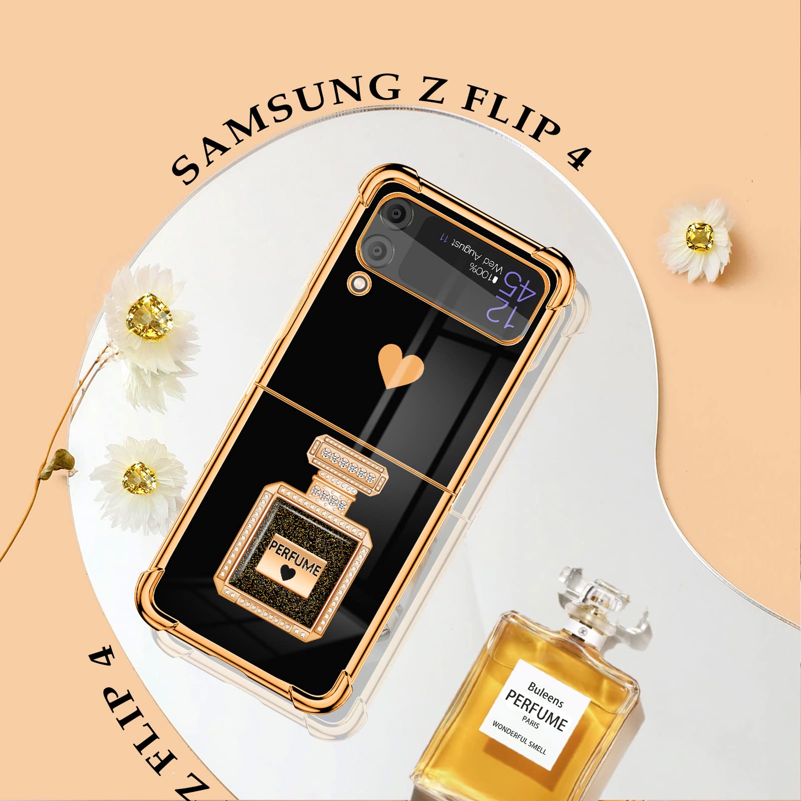 Buleens Luxury Z Flip 4 Case - Heart Metal Perfume Bottle Stand, Mirror, 6.7" Black Phone Cover