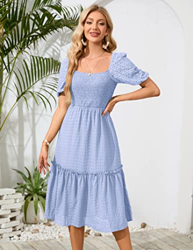 MURMUREY Womens Summer Puff Short Sleeve Boho Smocked Dress Square Neck Empire Waist A Line Layered Midi Dresses