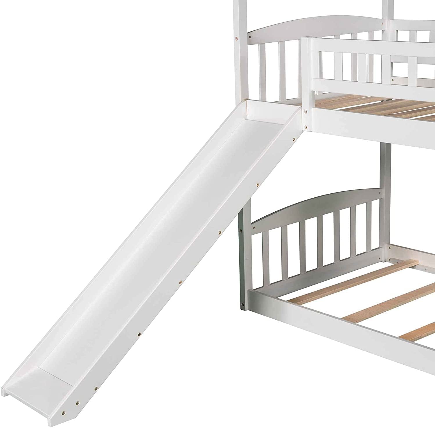 DNYN Twin Size Loft Bed with Slide for Kids Bedroom,Twin-Over-Twin House Shaped Bunkbeds w/Safety Guardrails & Roof Design,Easy Assemble & No Box Spring Need & Space Saving Design, White