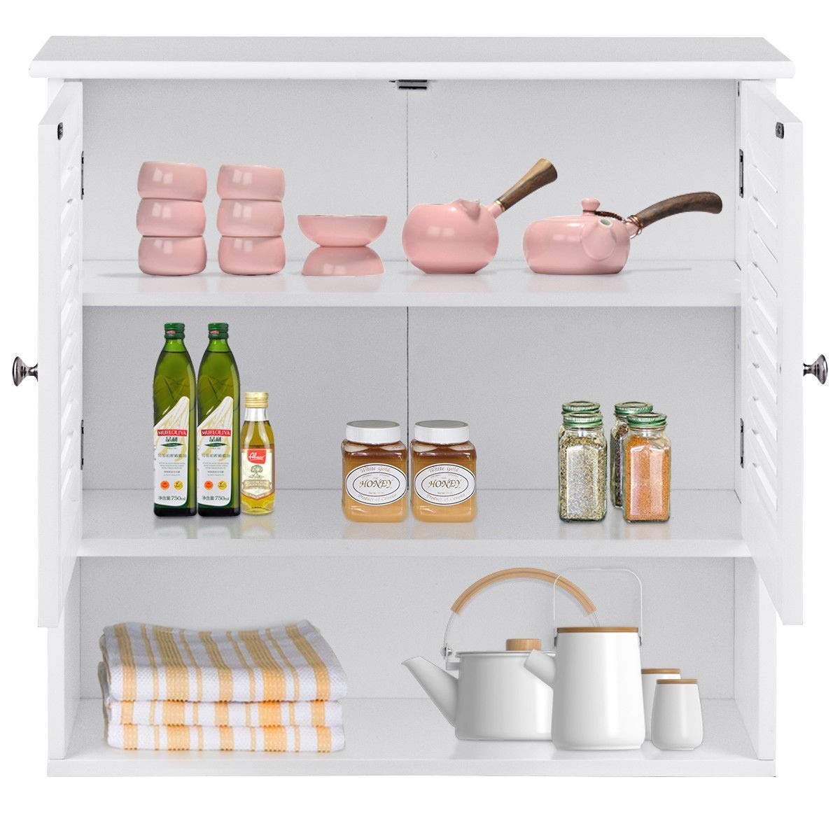 GOFLAME Bathroom Cabinet Wall Mounted, Wood Medicine Cabinet Storage Organizer with 2 Doors and 1 Shelf, Wall Cabinet with Adjustable Shelf, Simple and Modern Style, White