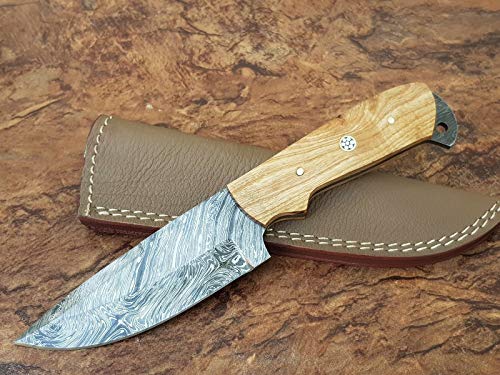 Carepro Hand Forged Damascus Steel Knife Olive Wood Handle Custom Made Hunting Knife