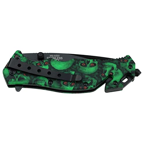 Master USA β Spring Assisted Folding Knife β Black Stainless Steel Blade, Green Skull Camo Coated Nylon Fiber Handle w/ Rope Cutter, Glass Punch, Pocket Clip, Tactical, EDC, Self Defense- MU-A001GNSC