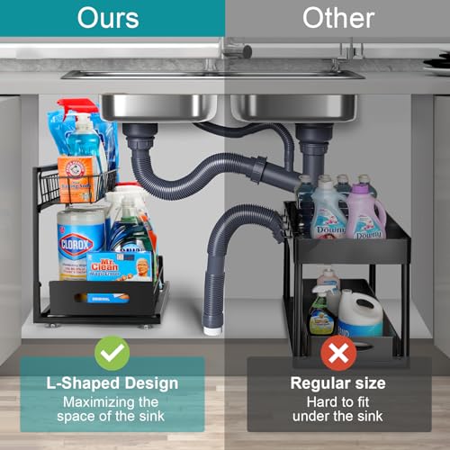 COYETH Under Sink Organizer, Height Adjustable Metal 2-Tier Pull Out Cabinet Organizer Under Kitchen Sink Organizer, L Shaped Slide Out Sink Shelf, Under Cabinet Storage for Kitchen Bathroom