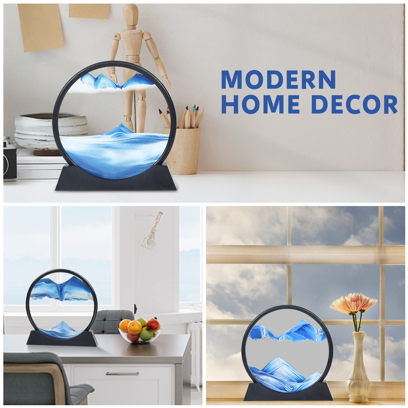 Winthfure Moving Sand Art Picture-3D Deep Sea Sandscape in Round Glass Flowing Sand Frame, Large Desktop Sand Art Toys, Relaxing Home and Office Decorations (7", Blue)