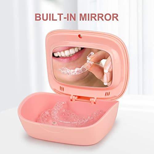 MURRI&MURRDI Retainer Case,Denture Case,Denture Bath Box with Strainer Basket,Cute Denture Holder Storage Soak Container for Travel Cleaning, Mouth Guard Case, Braces cleaner Cup (H Pink)