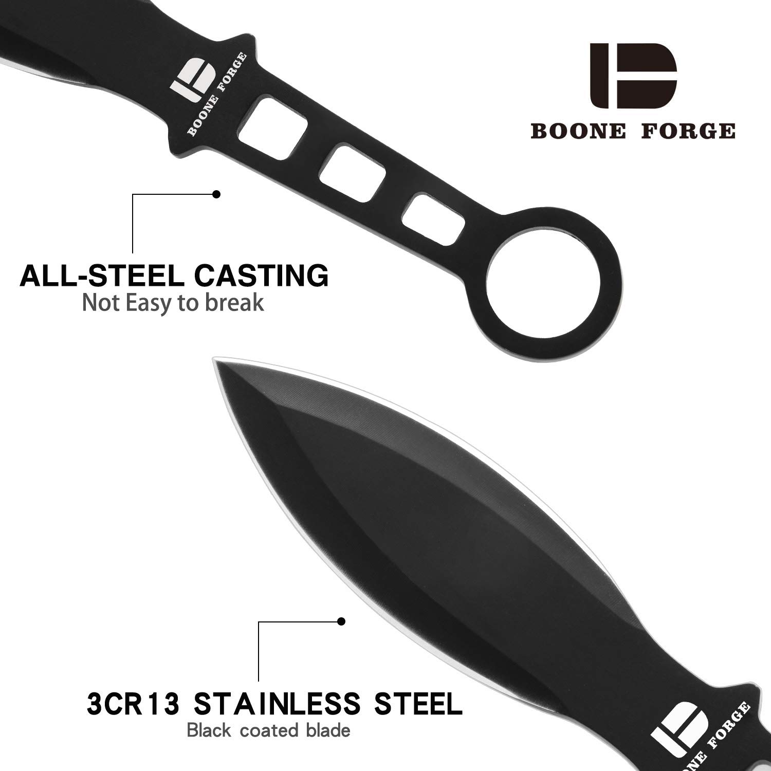 BOONE FORGE Throwing Knives Set with 3 Knives Black Double-Edged Blades and Stainless Steel Handles Outdoor Survival Throwing Knives with Nylon Sheath