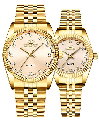 MASTOP Couple Watches Swiss Brand Golden Watch Men Women Stainless Steel Waterproof Quartz Watch (Gold)