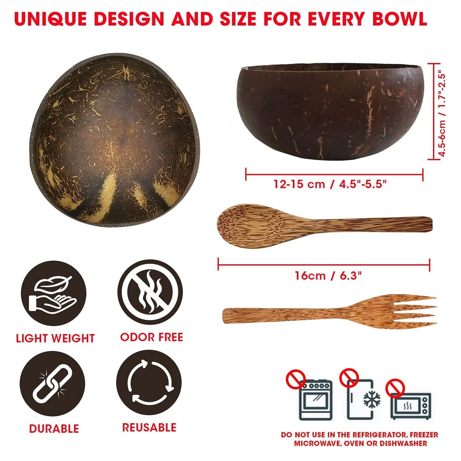 CEREM Coconut Bowl with Wooden Spoon and Fork Handmade Kitchen Utensils for Fruit Salad Dessert Smoothie Breakfast Party Meals Serving Home Decor, Natural 1 Set