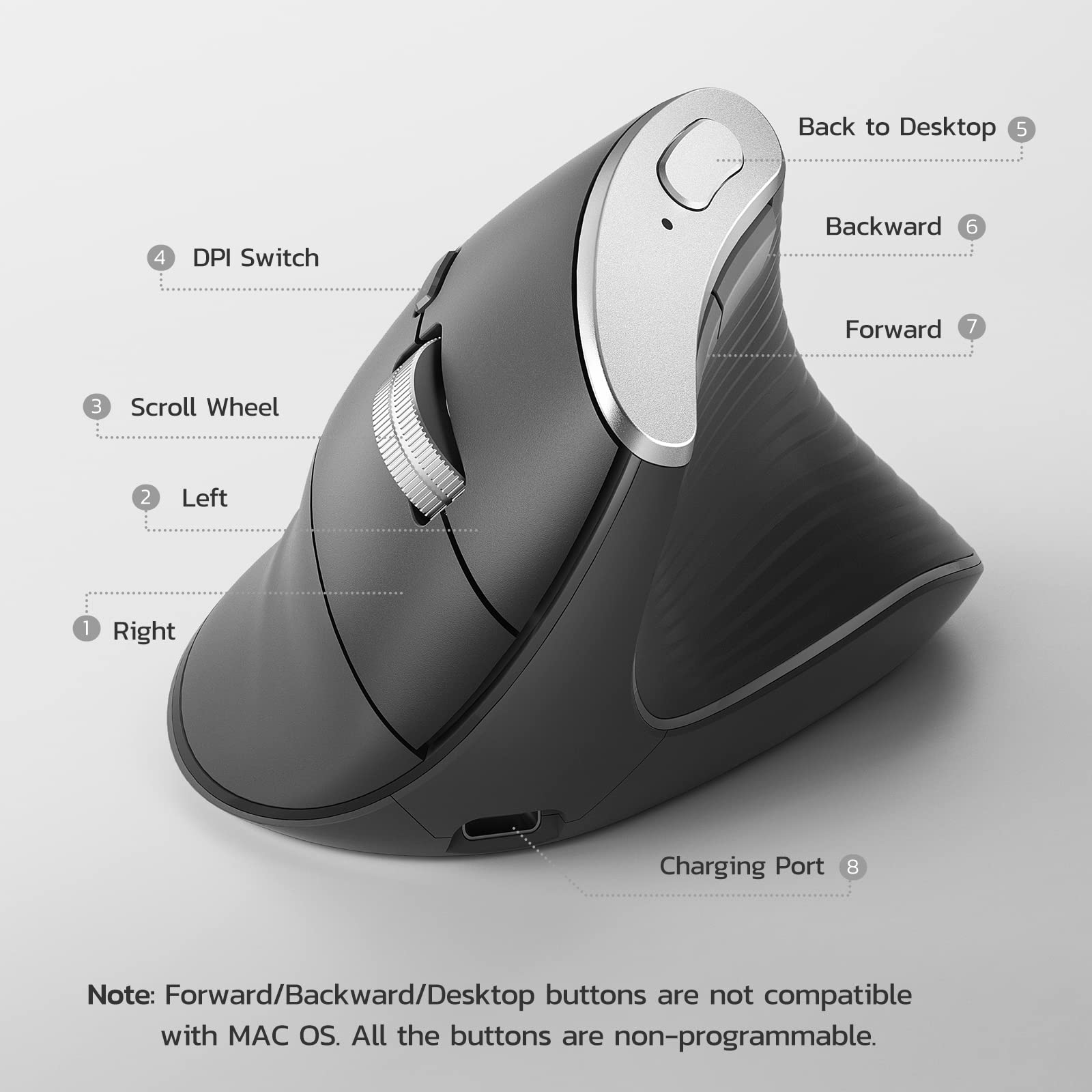 Wireless Vertical Mouse, Advanced Ergonomic Mouse Reduces Muscle Strain, 2400 DPI, USB C Rechargeable, 3 Device Connection (Bluetooth or USB), Compatible for PC, Laptop, iPad, Mac, Windows, Grey