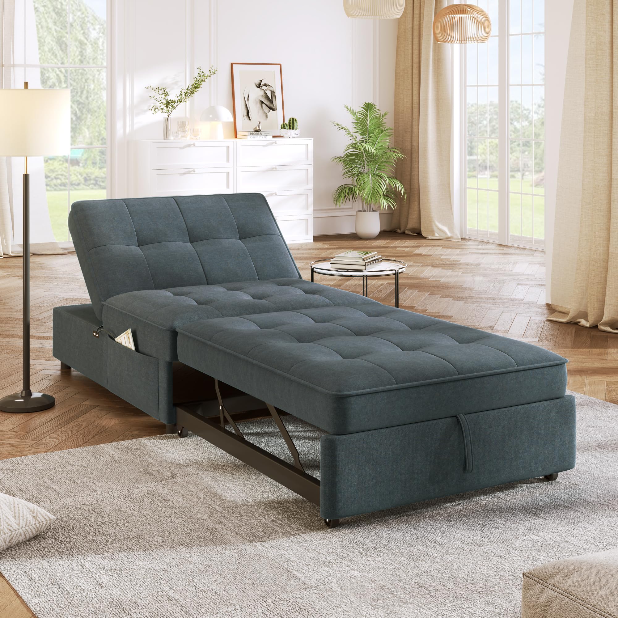 Linique Convertible Sofa Bed with Storage Pocket and USB Ports, Foldable Ottoman Single Sleeper Sofabed, Lounger Sofa Chair for Living Room, Office, Bedroom, Beige