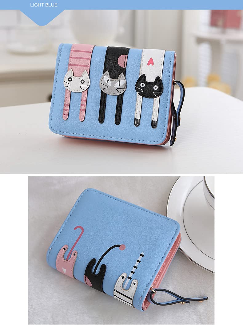 Nawoshow Women Cute Cat Wallet Coin Purse Bifold Wallet Clutch Bag (A-Blue)