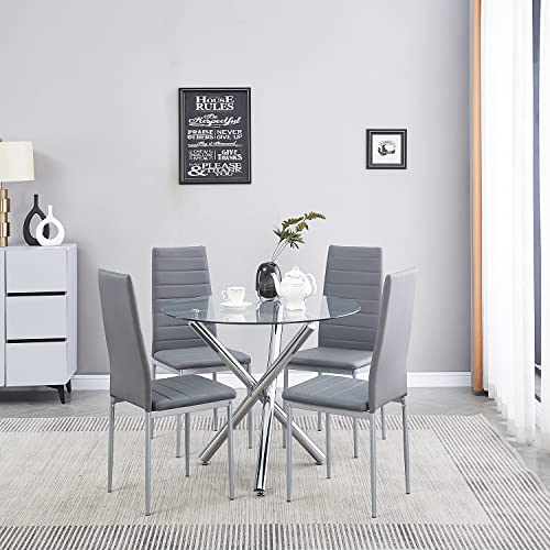 ROZHOME Dining Set for 4, Round Glass Dining Table with 3 Legs and 4 Metal Chair for Home Office Kitchen Dining Room 35.43" * 35.43" * 29.53"(L x W x H) (Glossy Silver+Light Slate Gray)