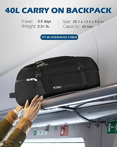 Hynes Eagle Travel Backpack 40L Flight Approved Carry on Backpack Men Large Cabin Weekender Laptop Backpack Women 15.6 inches Black with 3PCS Packing Cubes Set Black