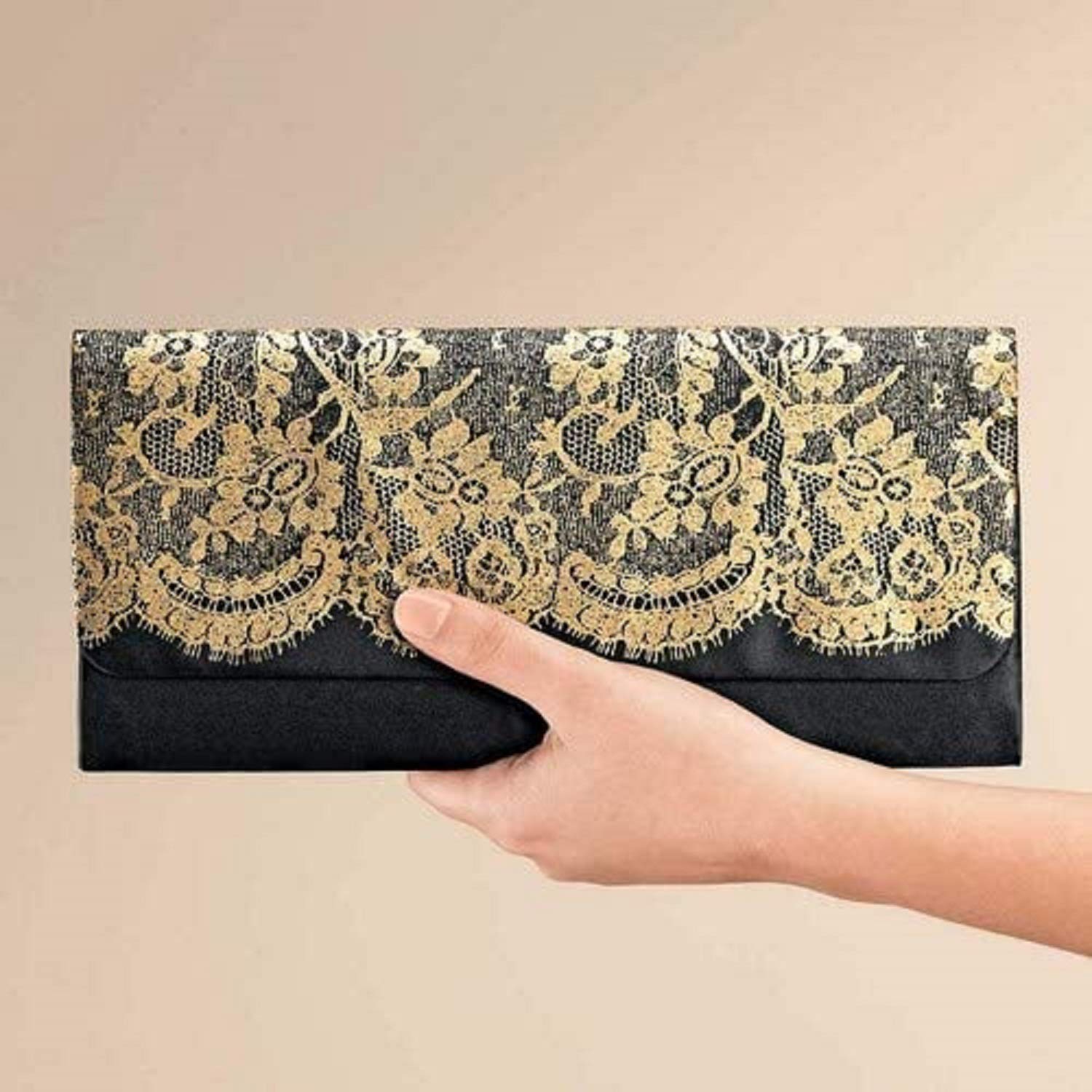 bulk buys BH324 Ladies Clutch Bag with Lace Print, Black/Gold