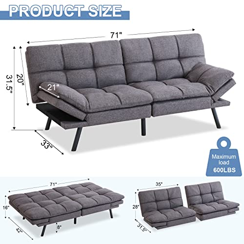 MUUEGM Futon Sofa Bed Memory Foam Futon Sofa Sleeper Couch,Convertible Modern Futon for Living Room,Love seat for Apartments Office Small Spaces,w/Adjustable Armrests Backrest,Linen Fabric,Grey