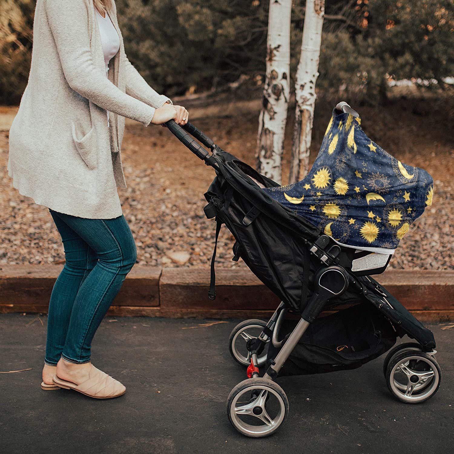 Car Seat Canopy Nursy Cover Zodiac Sign, Multi Use Breastfeeding Scarf for Infant Carseat Canopy Stroller Shopping Cart Highchair Boho Celestial Bodies Gold Sun Moon and Stars Ancient Pattern