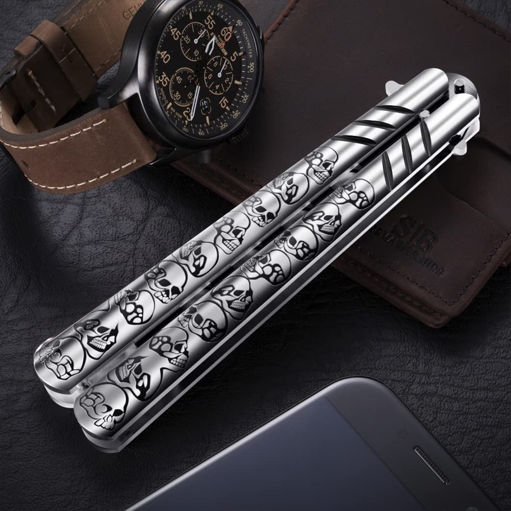 Bundle of 2 Items - 2,95β Serrated Blade Pocket Knife - Black Folding Knife with Glass Breaker and Seatbelt Cutter - Small EDC Knife - Dull Not-Sharp Blade - Skeleton Dull Trick Butterfly Knifes