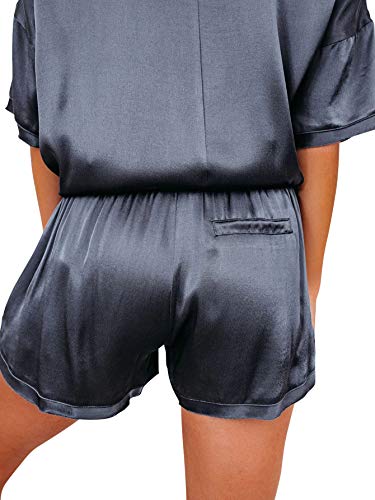 LYANER Women's Satin Silky Pajamas Set Short Sleeve T-shirt With Shorts Set Pjs Loungewear Navy Medium