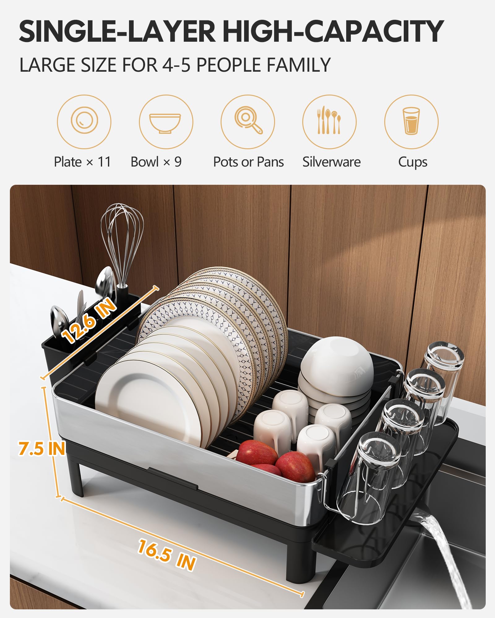 BOOSINY Dish Drying Rack, 2 Tier Dish Racks for Kitchen Counter with Utensil Holder, Dish Drainer and Darinboard Set with Cup Holder, Cutting-Board Holder and Drying Mat (Black)