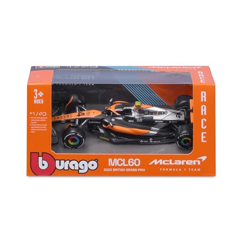F1 McLAREN MCL60 2023 BRITISH GP - Formula 1 - LANDO NORRIS 4 - Scale 1:43 12 cm - BBurago 38087, Orange Black