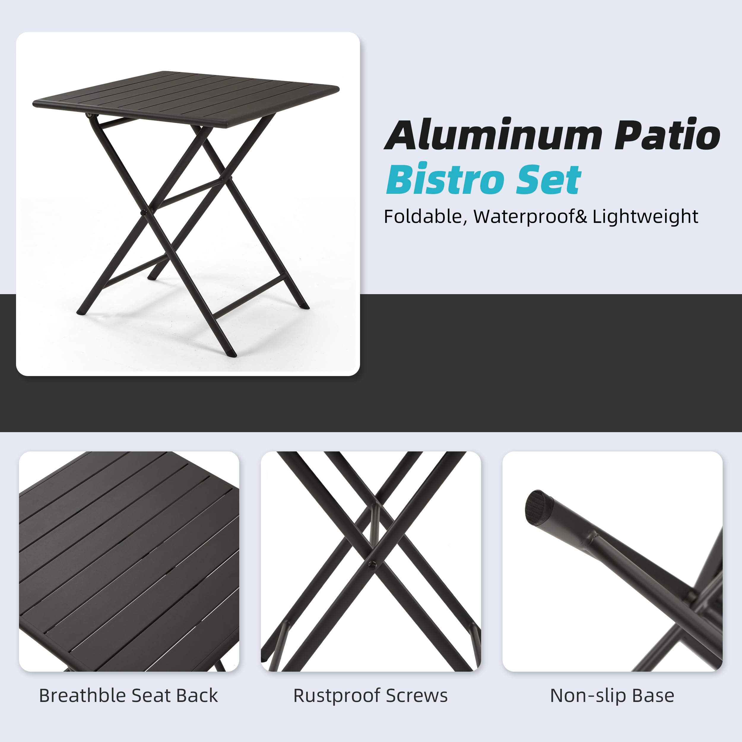Eongdn 3 Pieces Patio Bistro Set, Padded Folding Aluminum Table and 2 Chairs, No Assembly Required, Weather-Resistant Outdoor Conversation Sets for Patio, Backyard