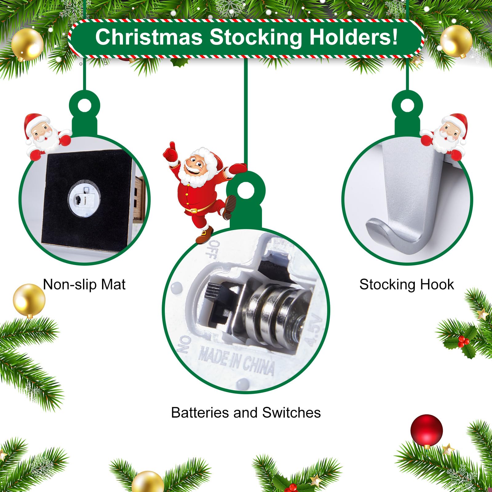 Christmas Stocking Holders for Mantle, Set of 4 Christmas Mantle Wood Room Stocking Hangers with Lights, Weighted Christmas Different Room Stocking Hooks for Fireplace Counter Window Decoration