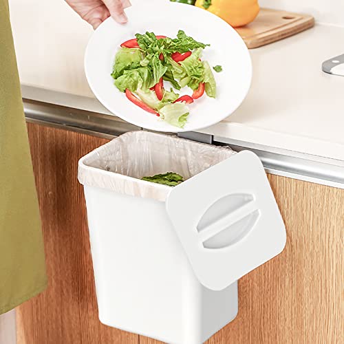 Frcctre 2 Pack Plastic Waste Bin, 3L/0.8 Gal Wall Mounted Garbage Can, Small Compost Bin with Lid for Kitchen Cabinet Door, Counter Top, Under Sink, Bedroom, Bathroom, White+Blue