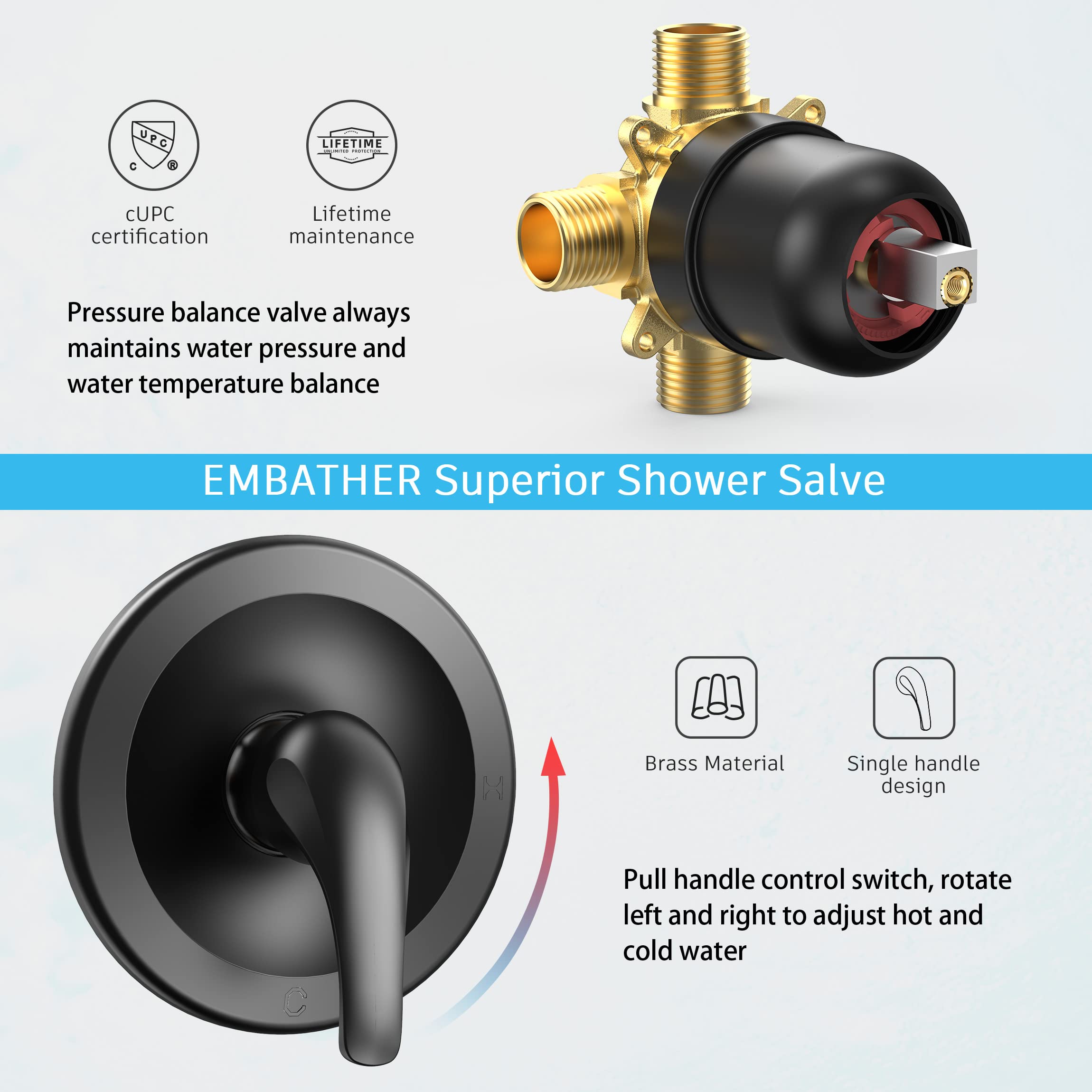 EMBATHER Tub and Shower Faucet Set, Dual Shower Head with Bathtub Faucet Set, Single-handle Control Shower Valve and Trim Kit, Matte Black
