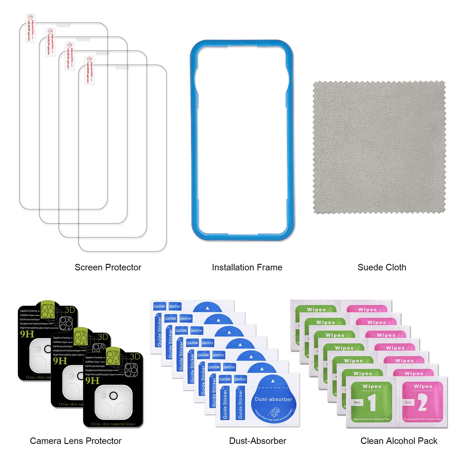 CATOOMUU For iPhone 11 Screen Protector Tempered Glass 6.1 inch 4-Pack and Camera Lens Protector 3-Pack, HD Clear Bubble Free 9H Hardness Anti Scratch, with Align Tool Easy Installation Frame