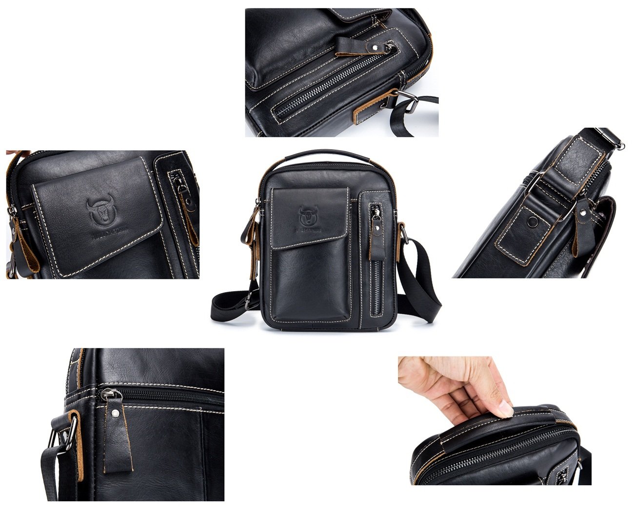 BULLCAPTAIN Genuine Leather Men Bags Small Shoulder Crossbody Bag for Men Everyday Casual Travel Messenger Bag Handbag (black)