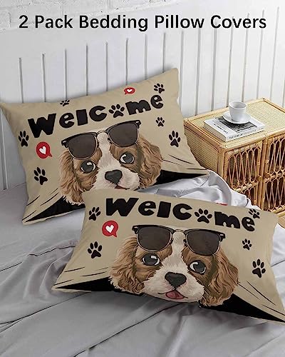 Edwiinsa Cute Love Heart Dog Pillow Covers Standard Size Set of 2 20x26 Bed Pillow, Black Paws Rustic Beige Welcome Plush Soft Comfort for Hair/Skin Cooling Pillowcases with Envelop Closure