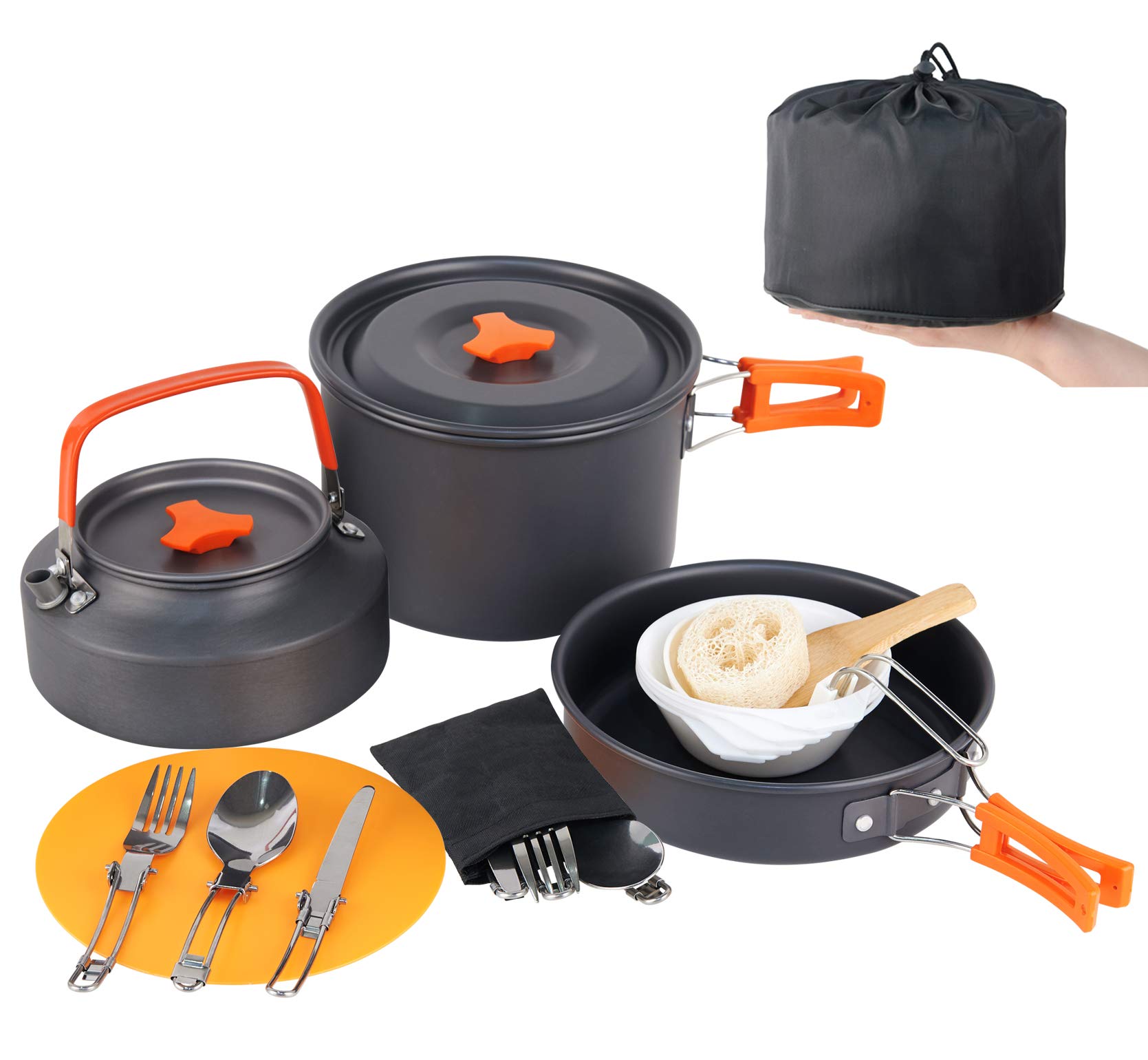 Camp Cookware Set, MEETSUN 17 Piece Camping Cookware 4 Person High Capacity Camping Gear and Equipment with Camping Pot Camping Coffee Pot Chopping Board Folding Knife and Fork Set for Outdoor