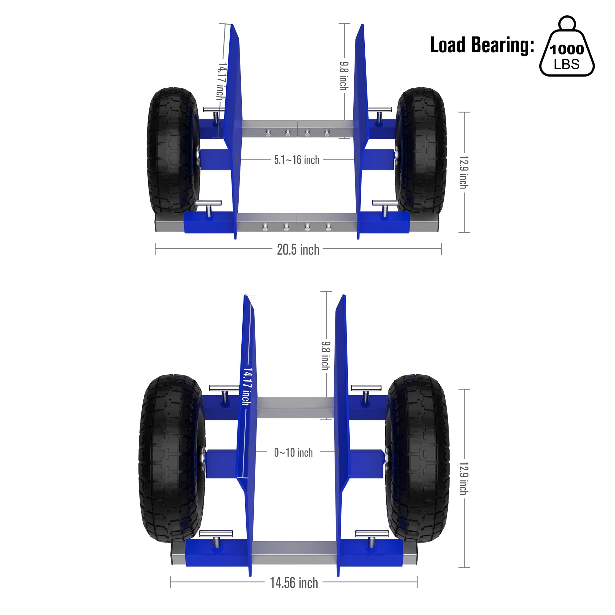 Heavy Duty Panel Dolly Slab Door Dollys with 2 10in Solid Rubber Tires Wheels, 1000LBS Load Bearing for Drywall Sheet Heavy Material Handling All Terrain Moving Cart Adjustable Panel Dolly - Black