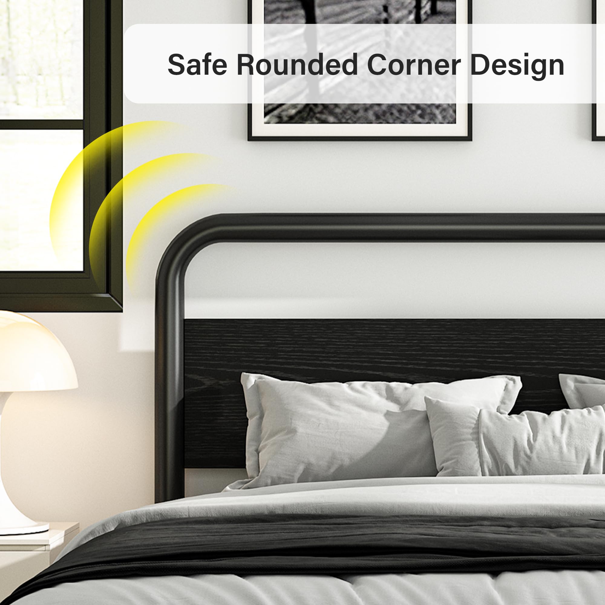Catrimown King Size Bed Frame, Metal King Bed Frame with LED Headboard, Rustic Industrial Heavy Duty Wooden Platform Bed Frame with Under Bed Storage, Noise Free, No Box Spring Needed, Black