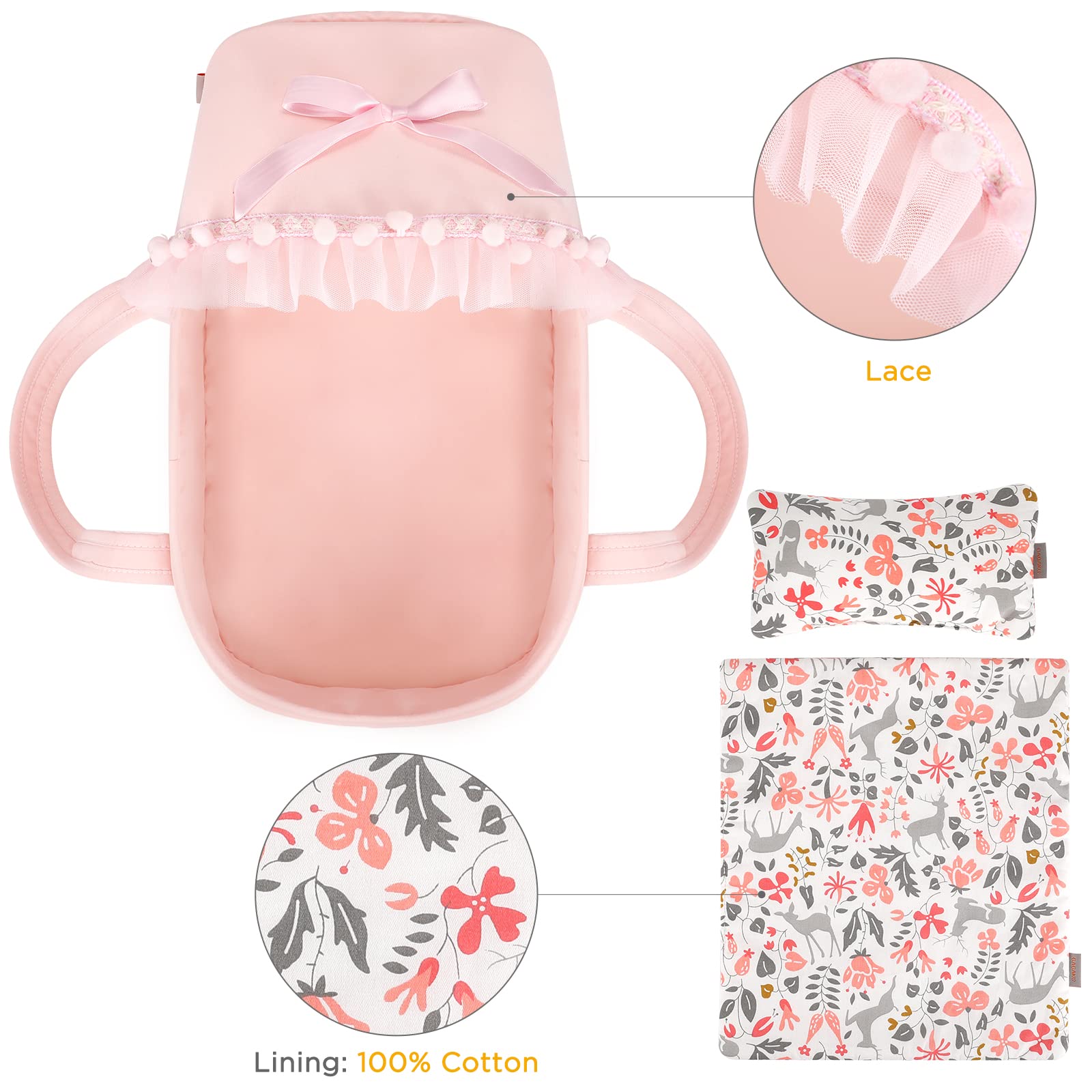 GAGAKU Baby Doll Bassinet, Doll Carrier Doll Carry Cot Set with Canopy and Pillow Blanket for 9 10 11 12 Inch Dolls Stuffed Animals - Pink