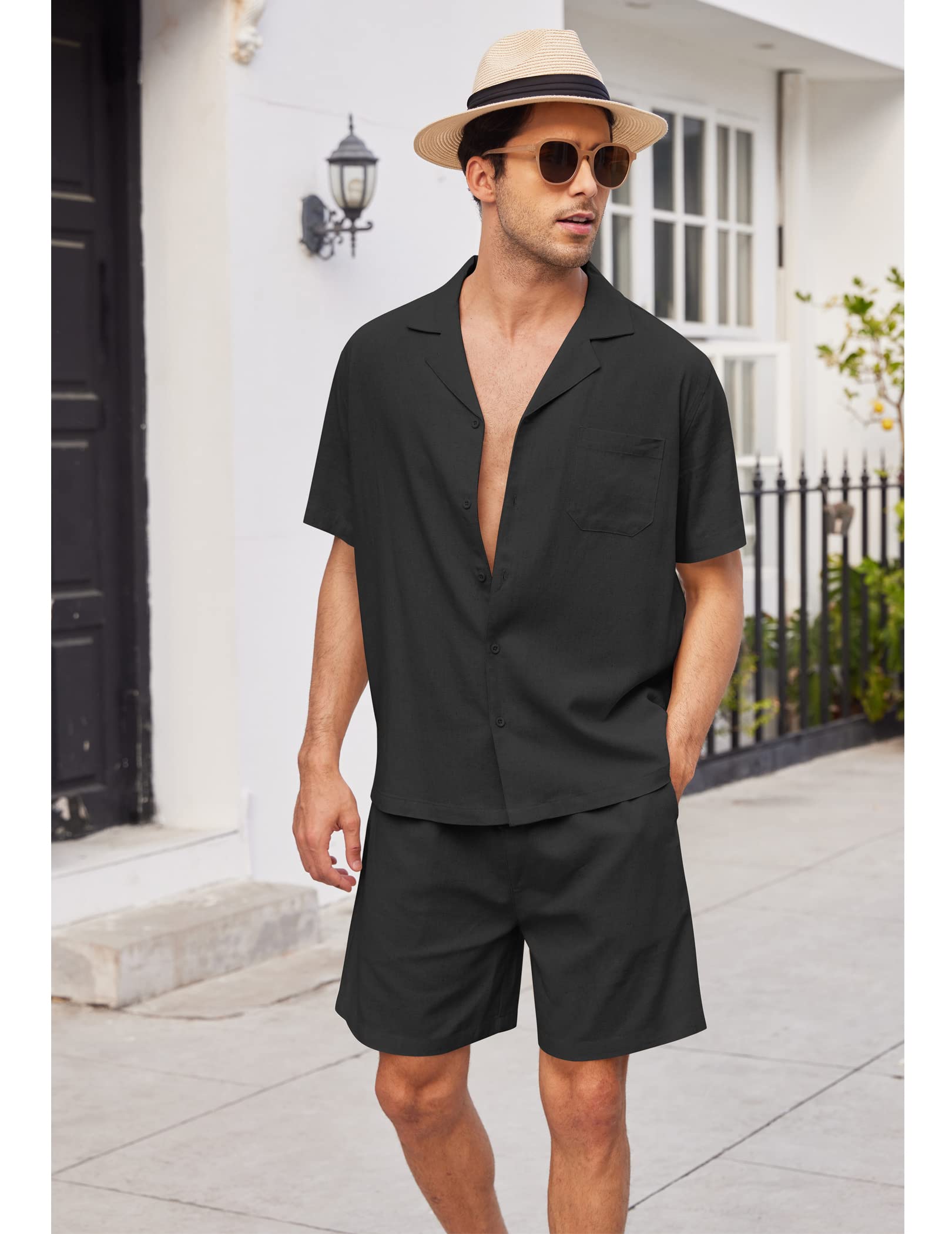 COOFANDY Men Linen Suits Set Summer Vacation Outfits Short Sleeve Button Down Shirts